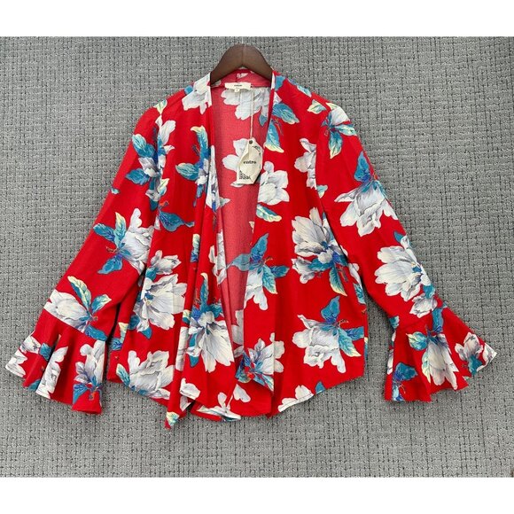 entro | Sweaters | Entro Womens Open Kimono Medium Red White Long Sleeve Floral Ruffle Cuffs Nwt ...